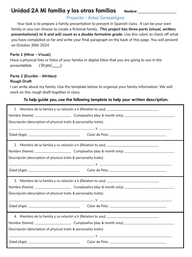 Mi Familia - Unit 2A Project Summative-2 | PDF