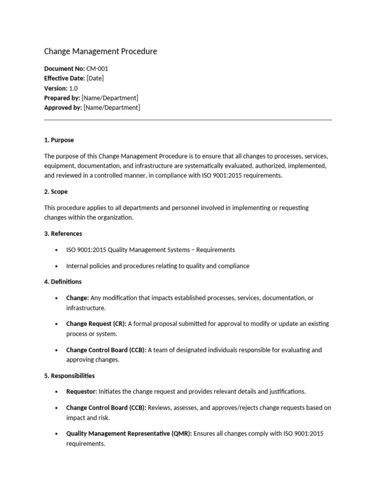 ISO 9001 Change Management Procedure | PDF | Iso 9000 | Regulatory ...