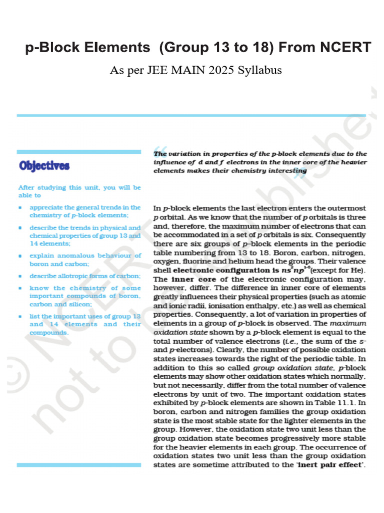 P-block Elements Group 13 to 18 NCERT as Per JEE MAIN 2025 Syllabus Prepared by ALK Sir | PDF