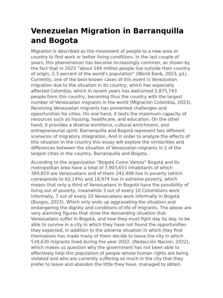 Final Version Project 1 Venezuelan Migration in Barranquilla and Bogota ...