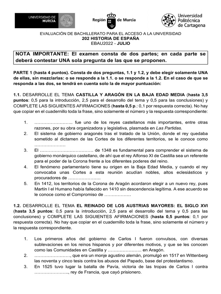 Examen Historia de España de Murcia (Extraordinaria de 2022) (WWW ...