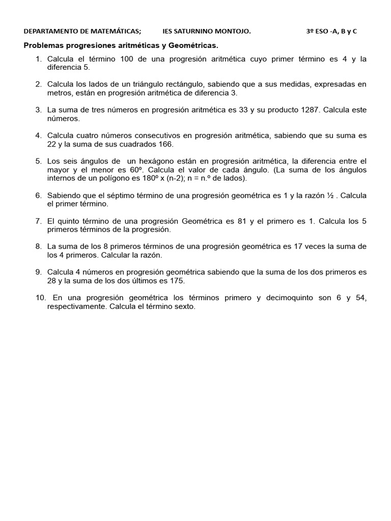 Problemas de Progresiones 3º ESO | PDF