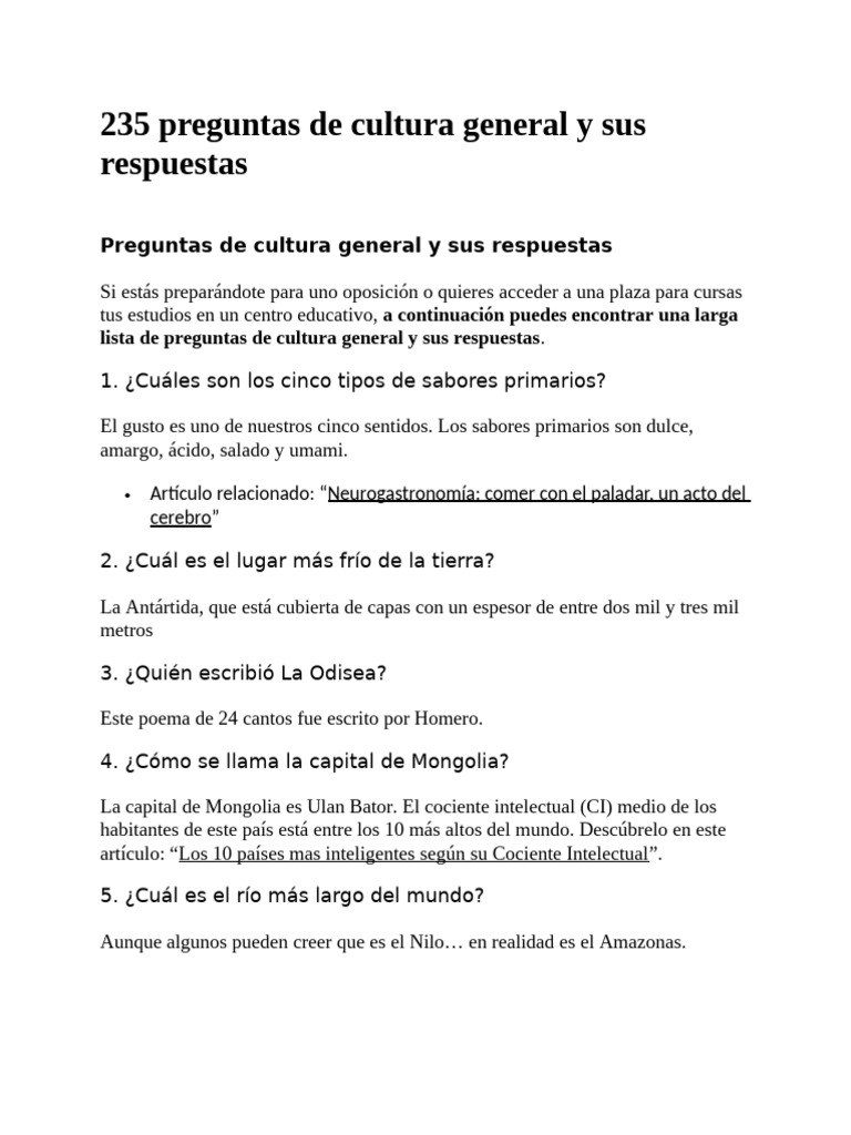 235 Preguntas de Cultura General y Sus Respuestas | PDF | Sangre | FIFA