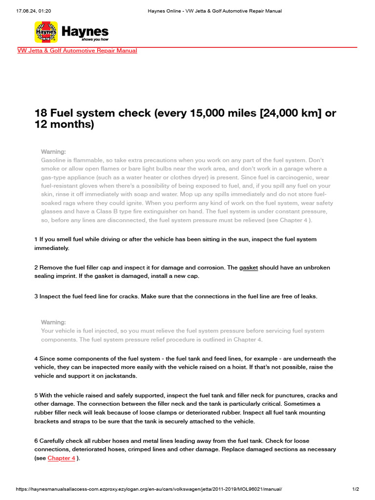 1 Tune-up and routine maintenance 18 Fuel system check (every 15,000 ...