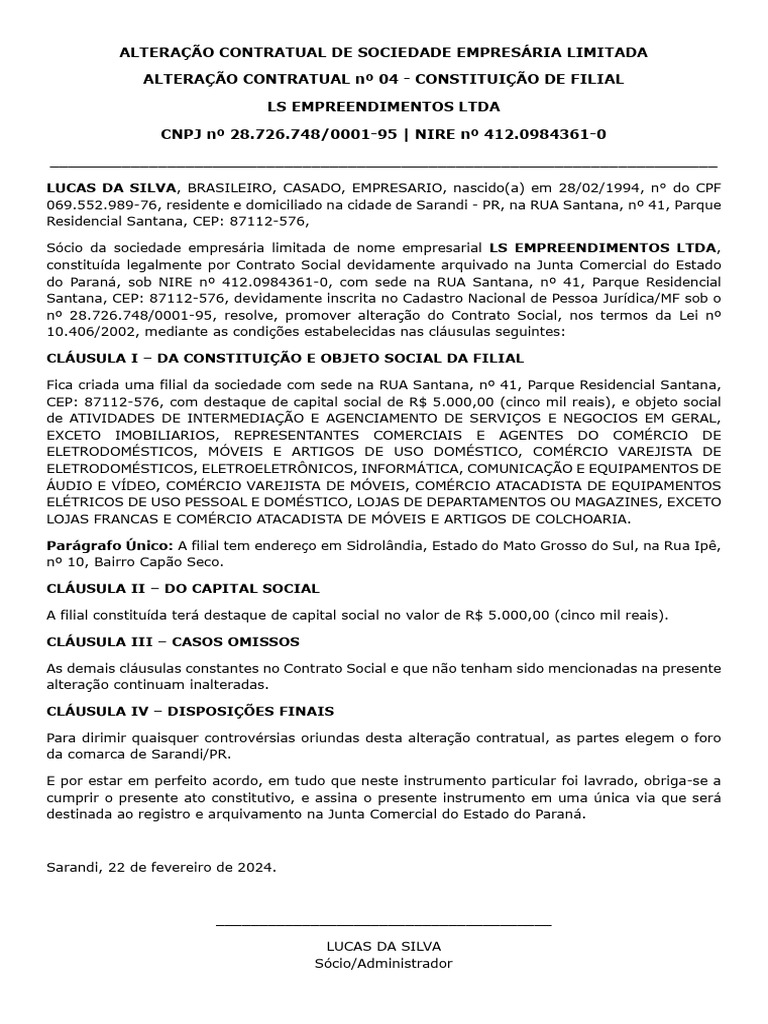 Alteração de Contrato: Filial LS Empreendimentos | PDF | Companhia ...