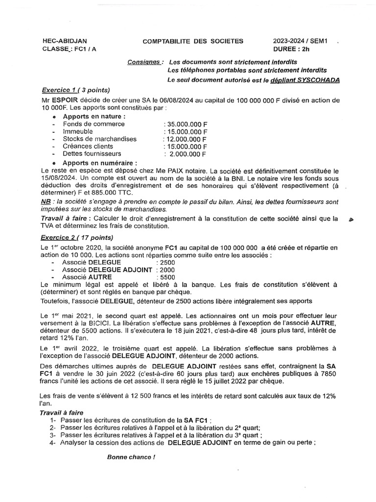 Devoir de Compta de Société - 1 | PDF