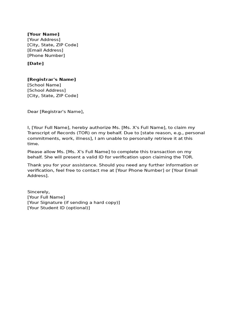 Authorization To Claim TOR From School | PDF