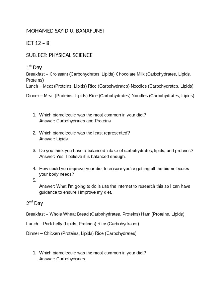 Physical Science Assignment | PDF | Carbohydrates | Diet (Nutrition)