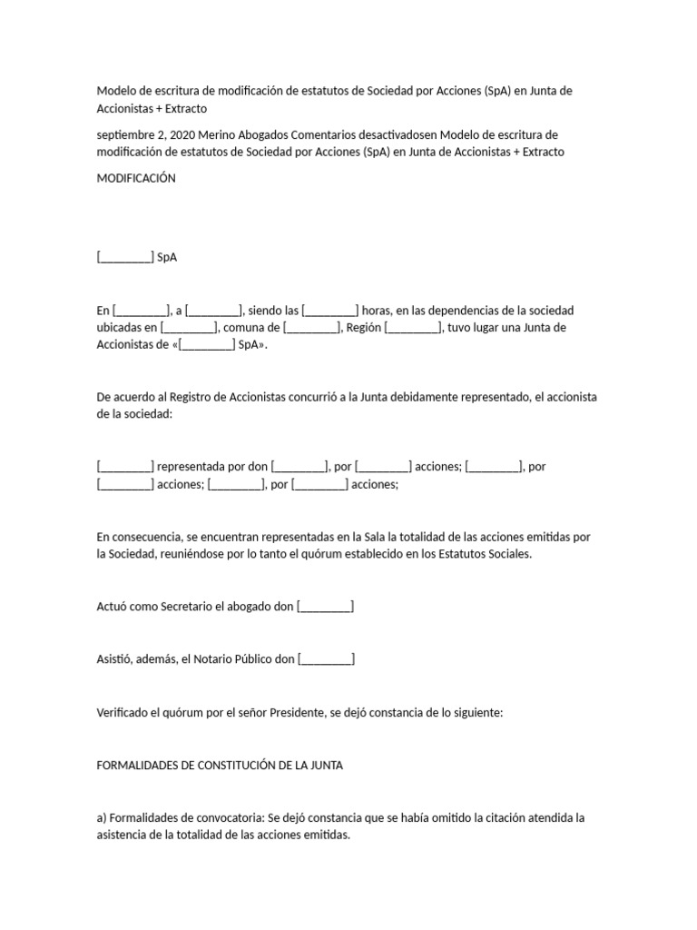 Modificación de Estatutos SpA en Junta | PDF | Gobierno