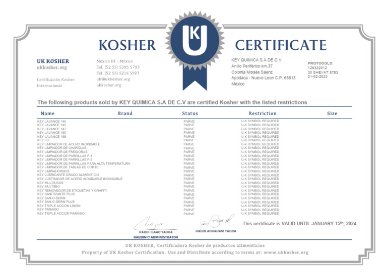 Productos Kosher de Key Química S.A. | PDF | Creencia y doctrina judía ...