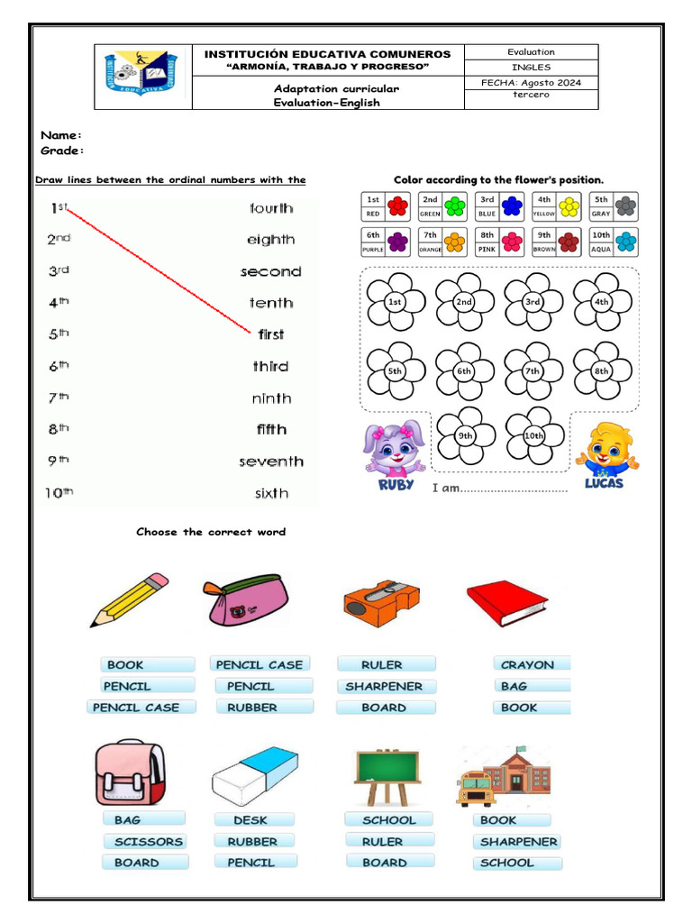 Evaluacion Ordinal Numbers-Adapatation Curricular | PDF