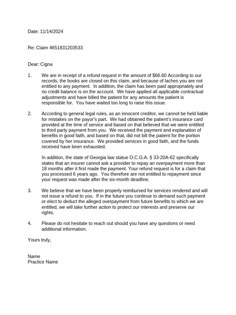 Cigna Claim Refund Denial Letter | PDF