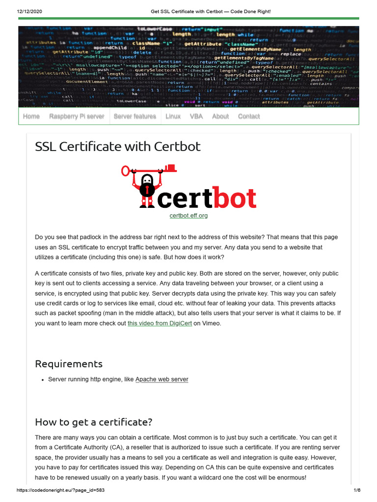 Get SSL Certificate With Certbot - Code Done Right! | PDF | Public Key Certificate | Transport ...
