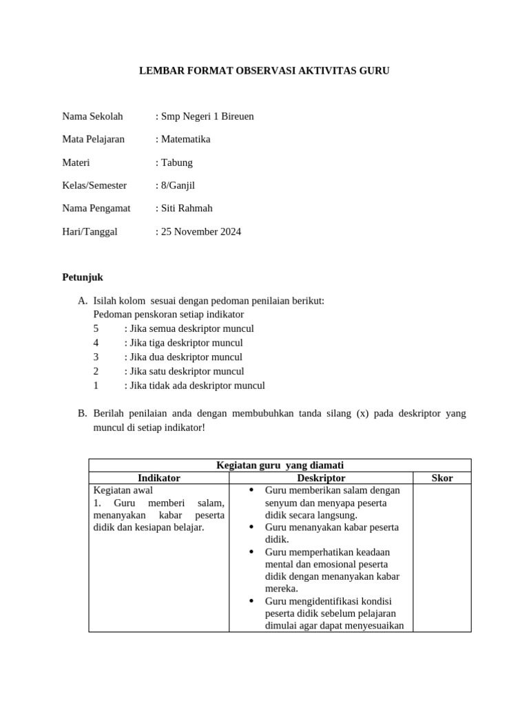 Lembar Format Observasi Aktivitas Guru | PDF