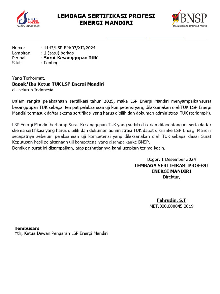 1142 - Draft Surat Kesanggupan TUK 2025 LSP EM | PDF