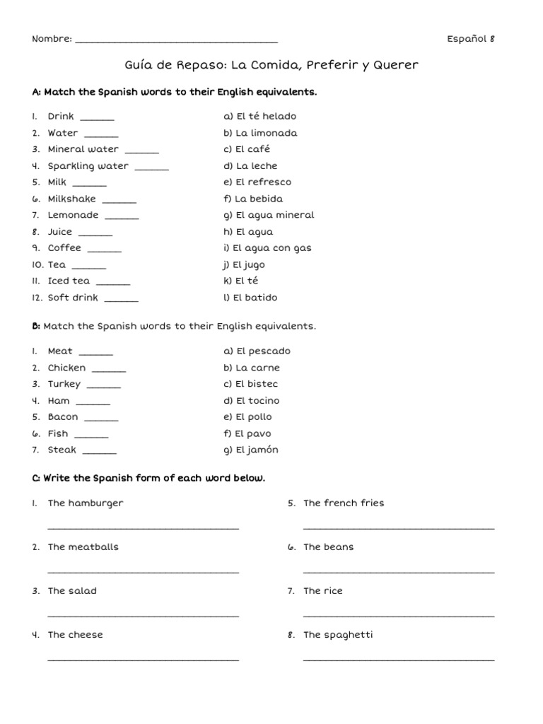 Guia_de_Repaso__La_Comida_Preferir_y_Querer | PDF | Cocina | Alimentos