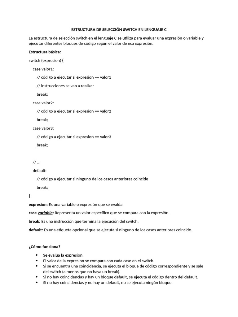 Estructura Switch | PDF | Lenguaje de programación | Ingeniería Informática