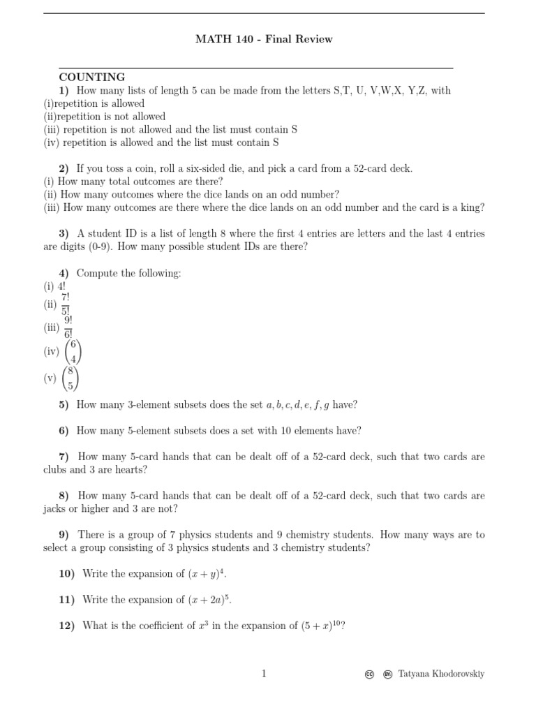 MATH 140 Final Review: Counting & Proofs | PDF | Mathematical Proof ...
