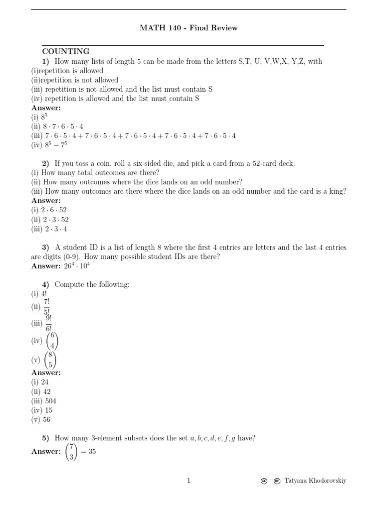 MATH 140 Final Review: Counting & Proofs | PDF | Mathematical Proof ...
