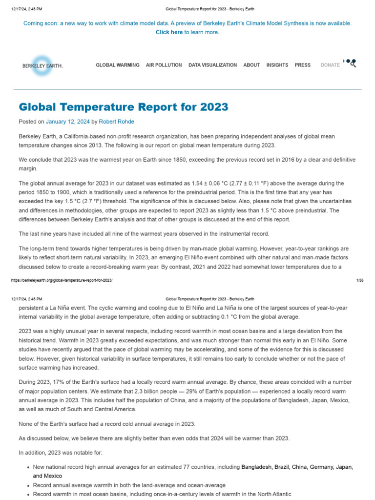 Global Temperature Report For 2023 - Berkeley Earth | PDF | Climate ...
