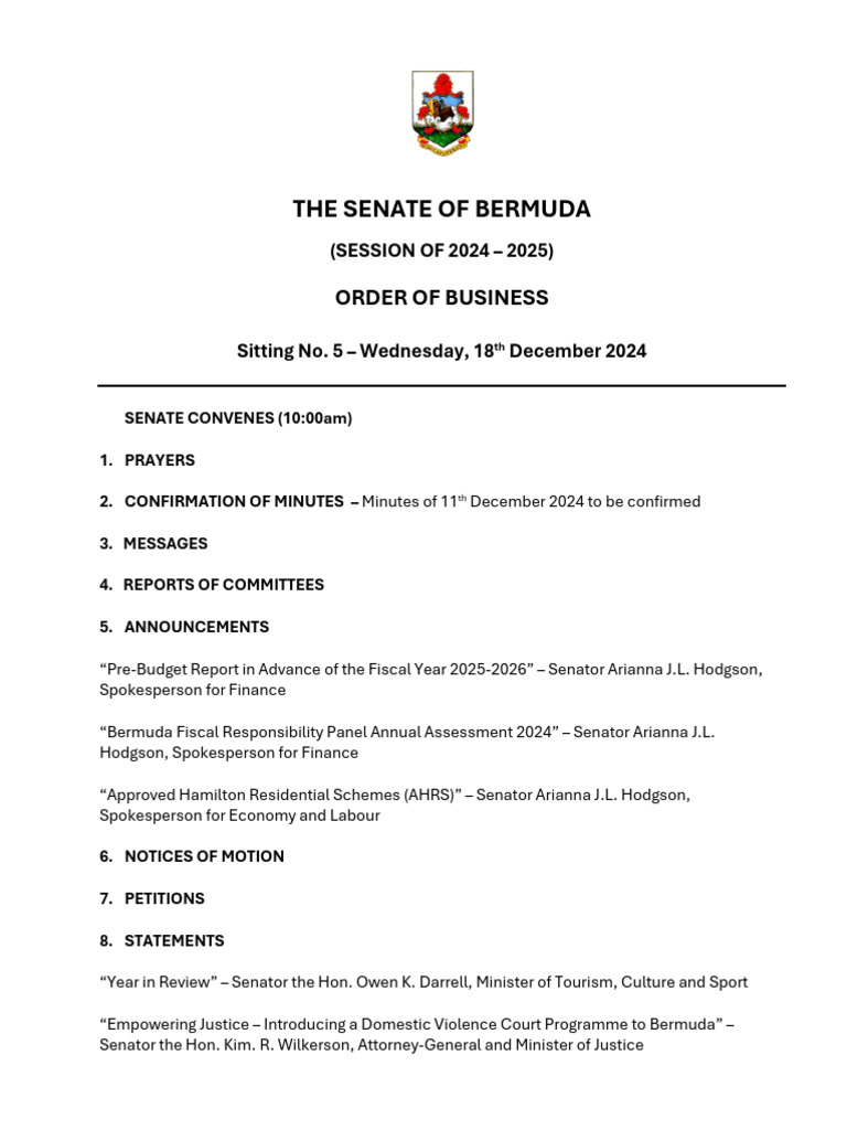 Bermuda Senate Order of Business 2024 | PDF