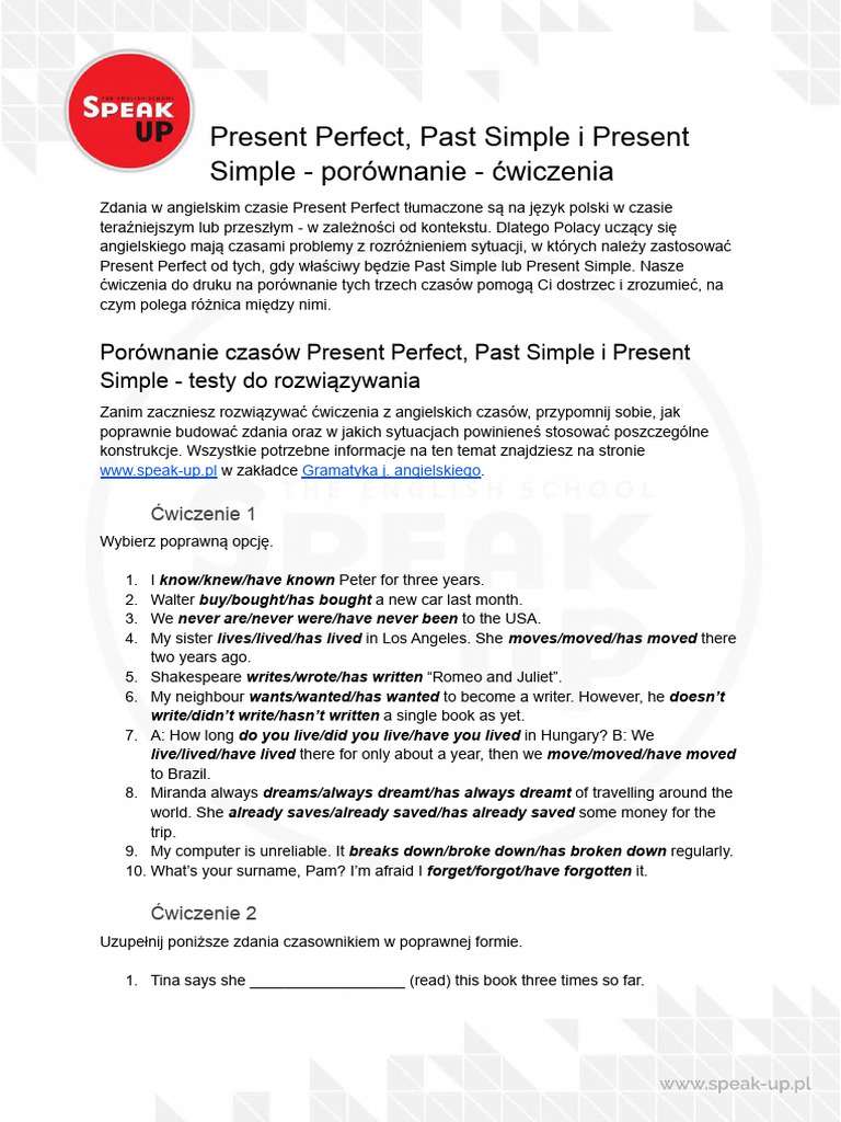 Present Perfect, Past Simple I Present Simple - Porównanie - Ćwiczenia | PDF