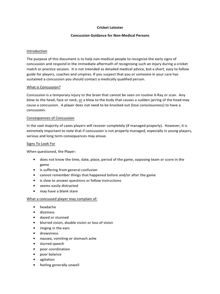Cricket Concussion Guide for Coaches | PDF | Concussion | Neurological ...
