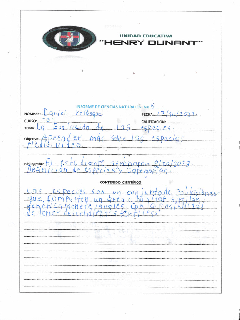 Informe N5 CC - NN DEFINICIÓN de ESPECIE Parte 1 Darlin Daniel Velásquez Armas Décimo de EGB | PDF