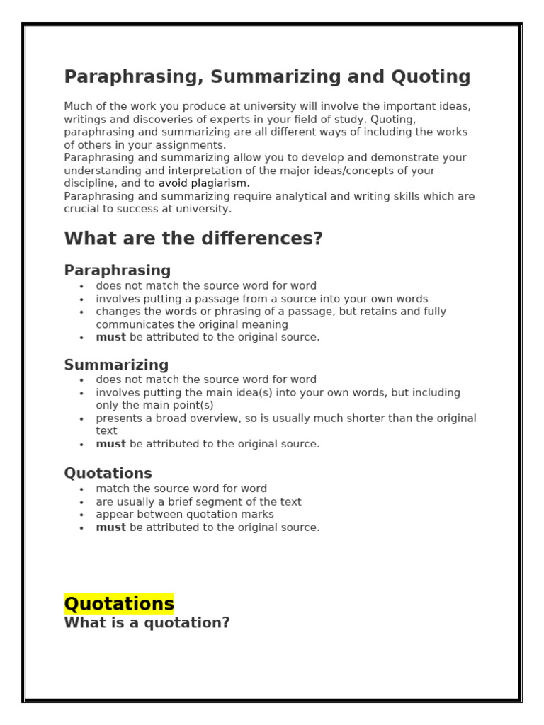 Simplified Paraphrasing Quoting Handout | PDF | Ellipsis | Linguistics
