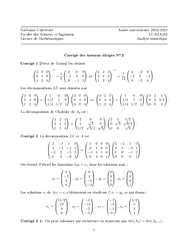 Corrigé des TD d'Analyse Numérique | PDF | Matrice (Mathématiques ...