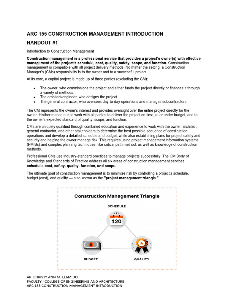 ARC 155 Handout 1 | PDF | Construction Management | General Contractor