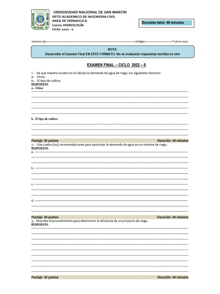 Examen Final 2022-0 | PDF | Riego