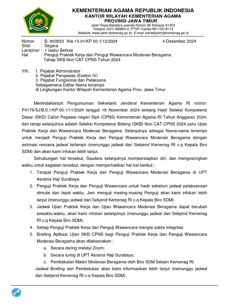 Surat Dinas - Penguji Praktek Kerja Dan Penguji Wawancara Moderasi Beragama Tahap SKB Non CAT ...