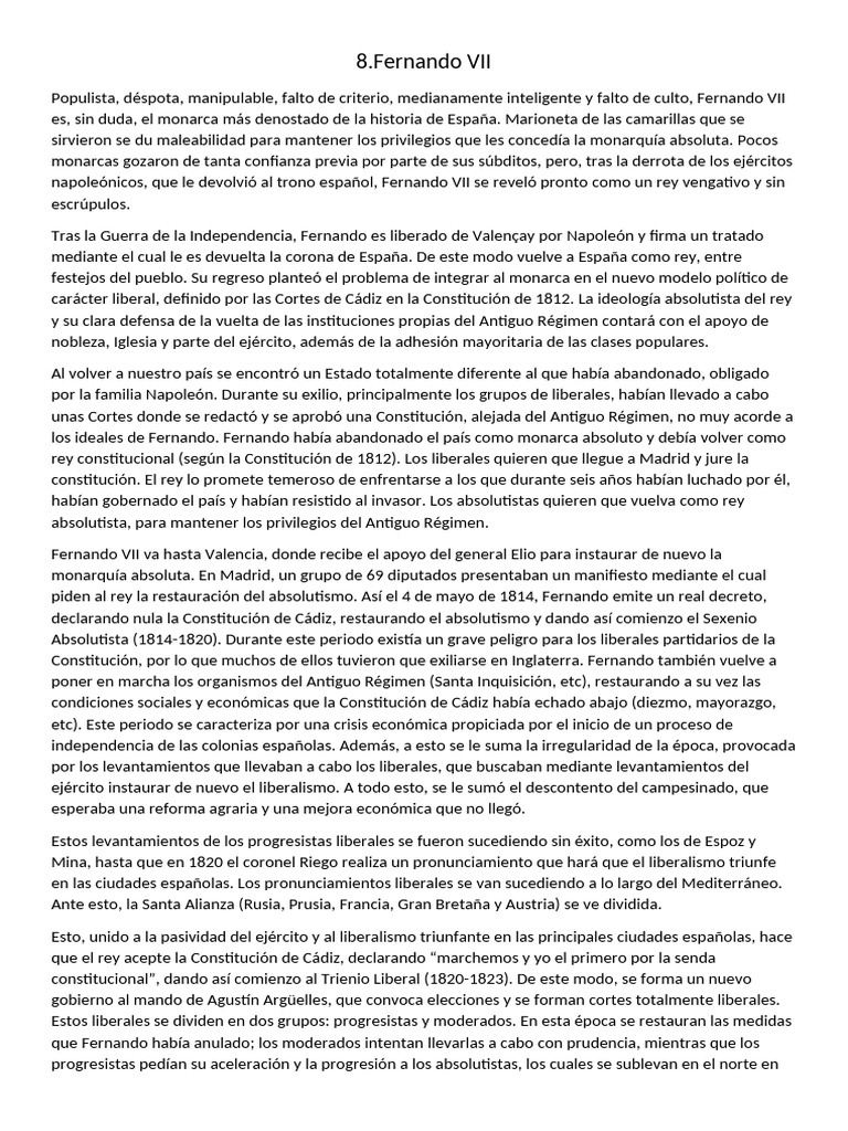 Fernando VII: El Monarca Absolutista y Su Legado | PDF | España