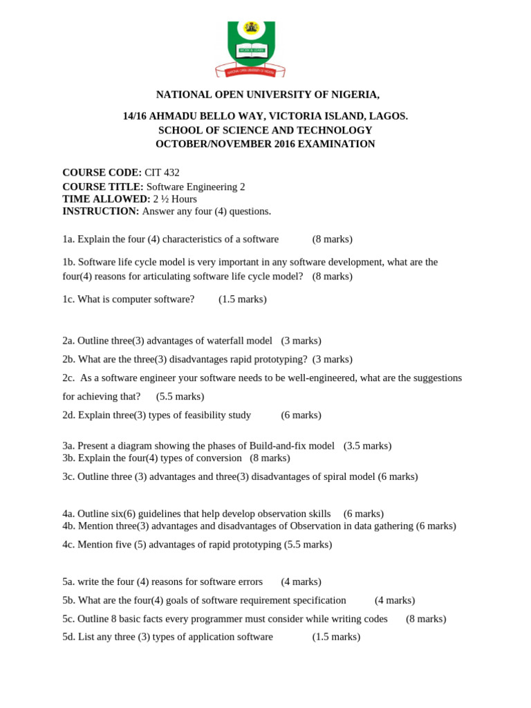 CIT 432 Software Engineering Exam Guide | PDF