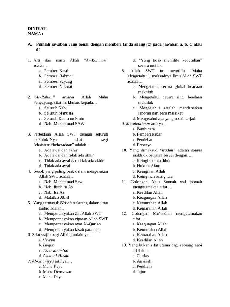 soal aqidatul awam (2) | PDF