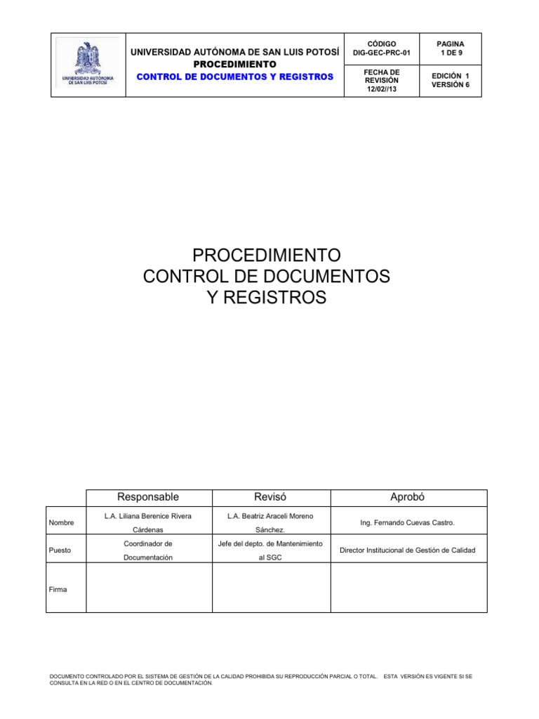 Procedimiento Control de Documentos y Registros - Universidad ... | PDF ...