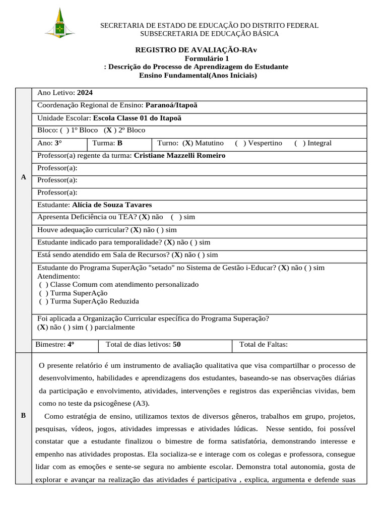 Cris - Doc Rav 3 Ano B 4 Bimestre | PDF | Pedagogia | Aprendizado