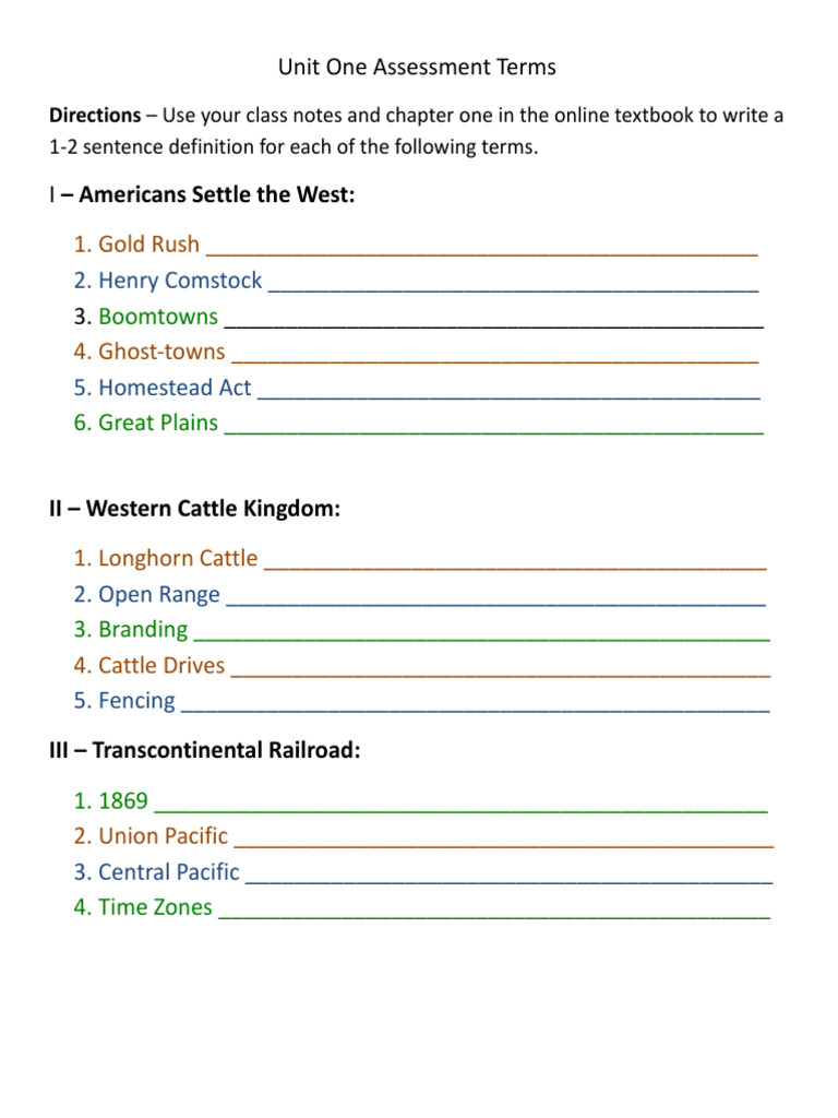 Western Expansion Unit Assessment Terms | PDF | American Frontier | The ...
