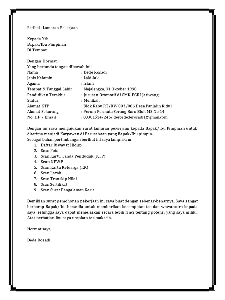 Lamaran Kerja Dede Rosadi | PDF