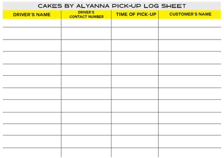 Cakes by Alyanna Pick-Up Log Sheet | PDF