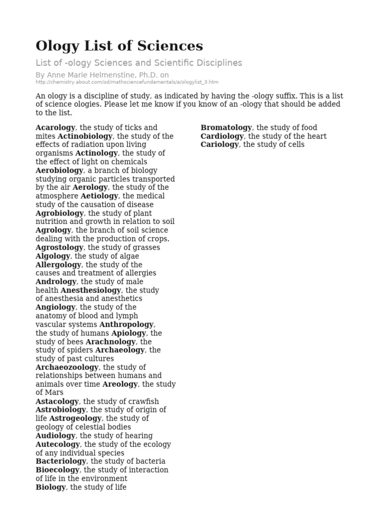Comprehensive List of Ology Sciences | PDF | Earth Sciences
