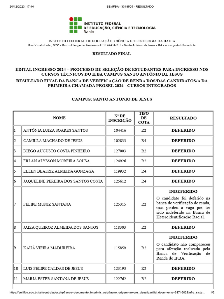 Resultado Final Da Banca de Verificacao de Renda Da Primeira Chamada Do Prosel 2024 | PDF | Brasil