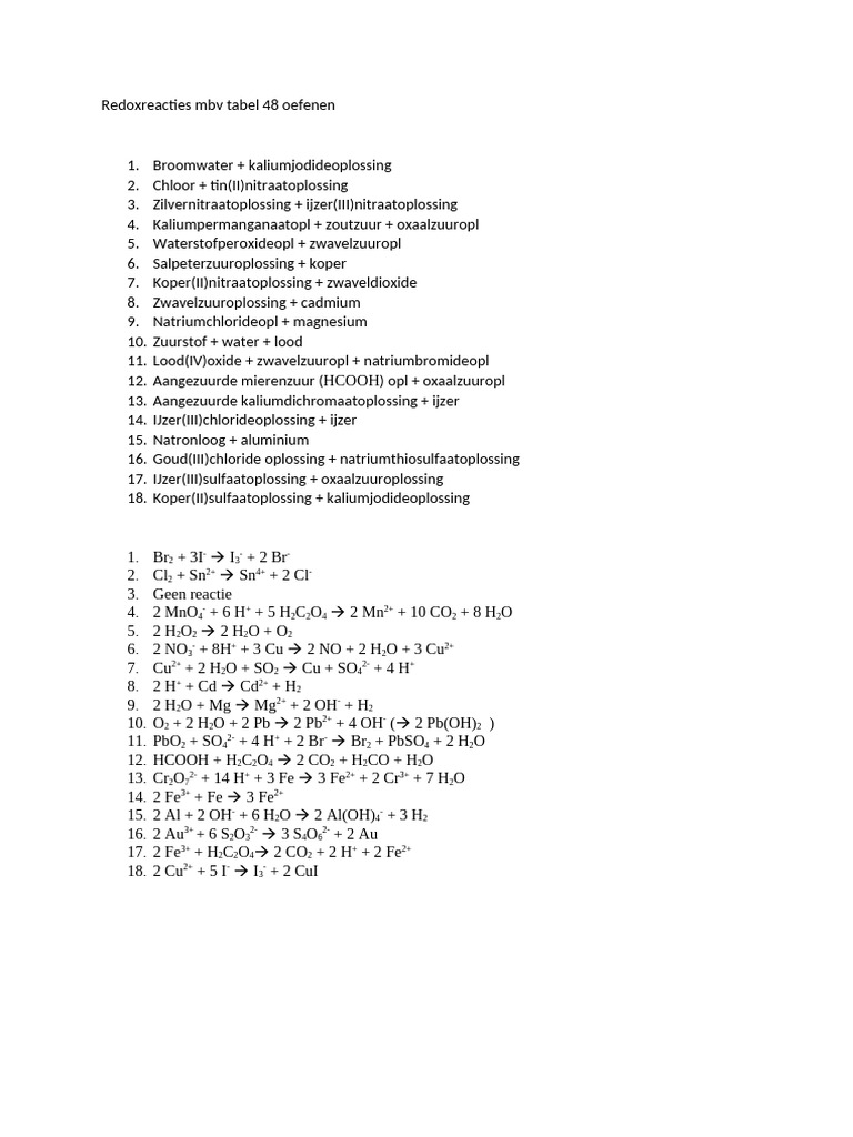 Redoxreacties MBV Tabel 48 Oefenen 2 | PDF