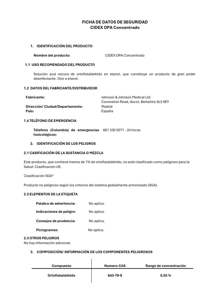 FDS CIDEX OPA Concentrado | PDF | Agua | Combustión
