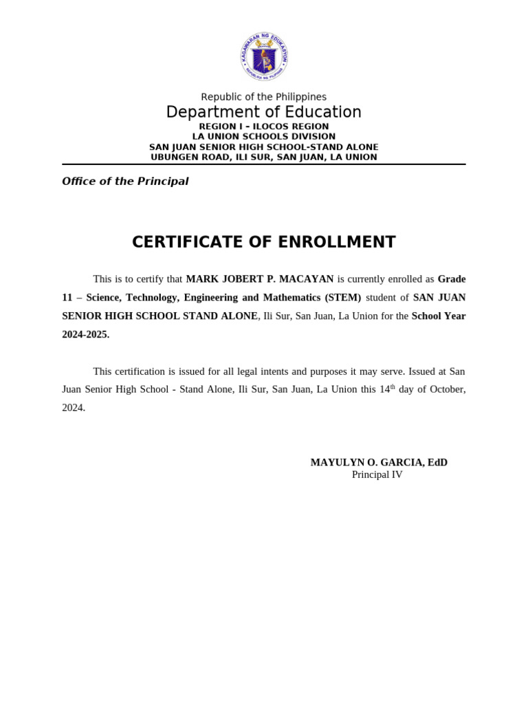 Certificate of Enrollment | PDF