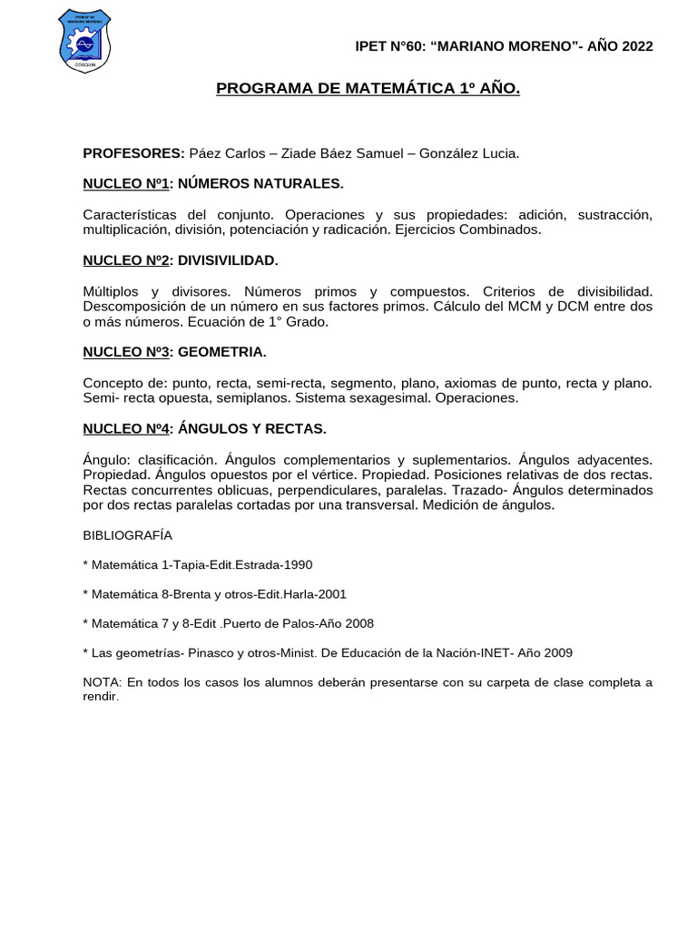 Programa de Matemática 2022 | PDF | Números | Derivado