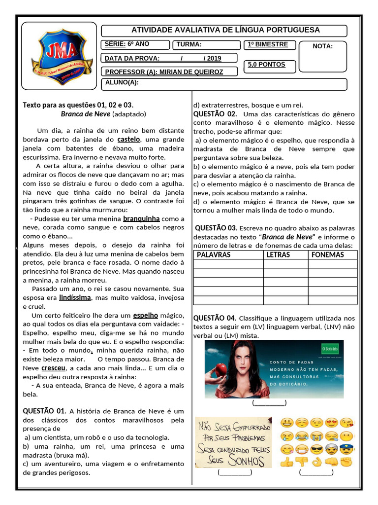 Prova Port. TF 601, TF 602, TF 603 | PDF | Branca de Neve | Linguagem natural