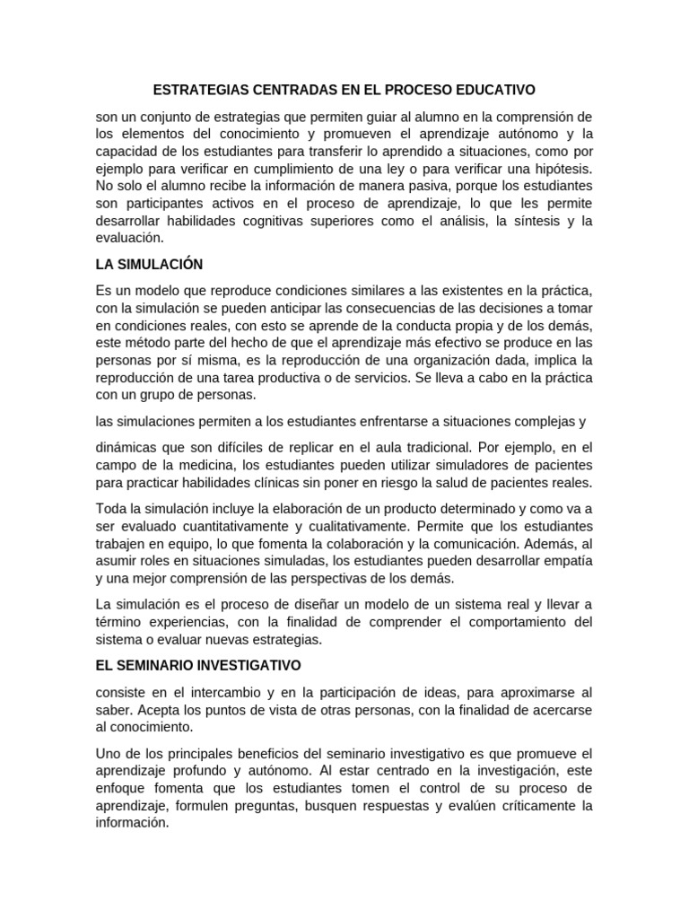 ESTRATEGIAS CENTRADAS EN EL PROCESO EDUCATIVO | PDF | Simulación | Aprendizaje