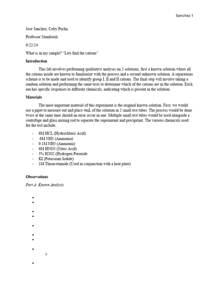 Cation Identification Lab Report | PDF | Precipitation (Chemistry ...